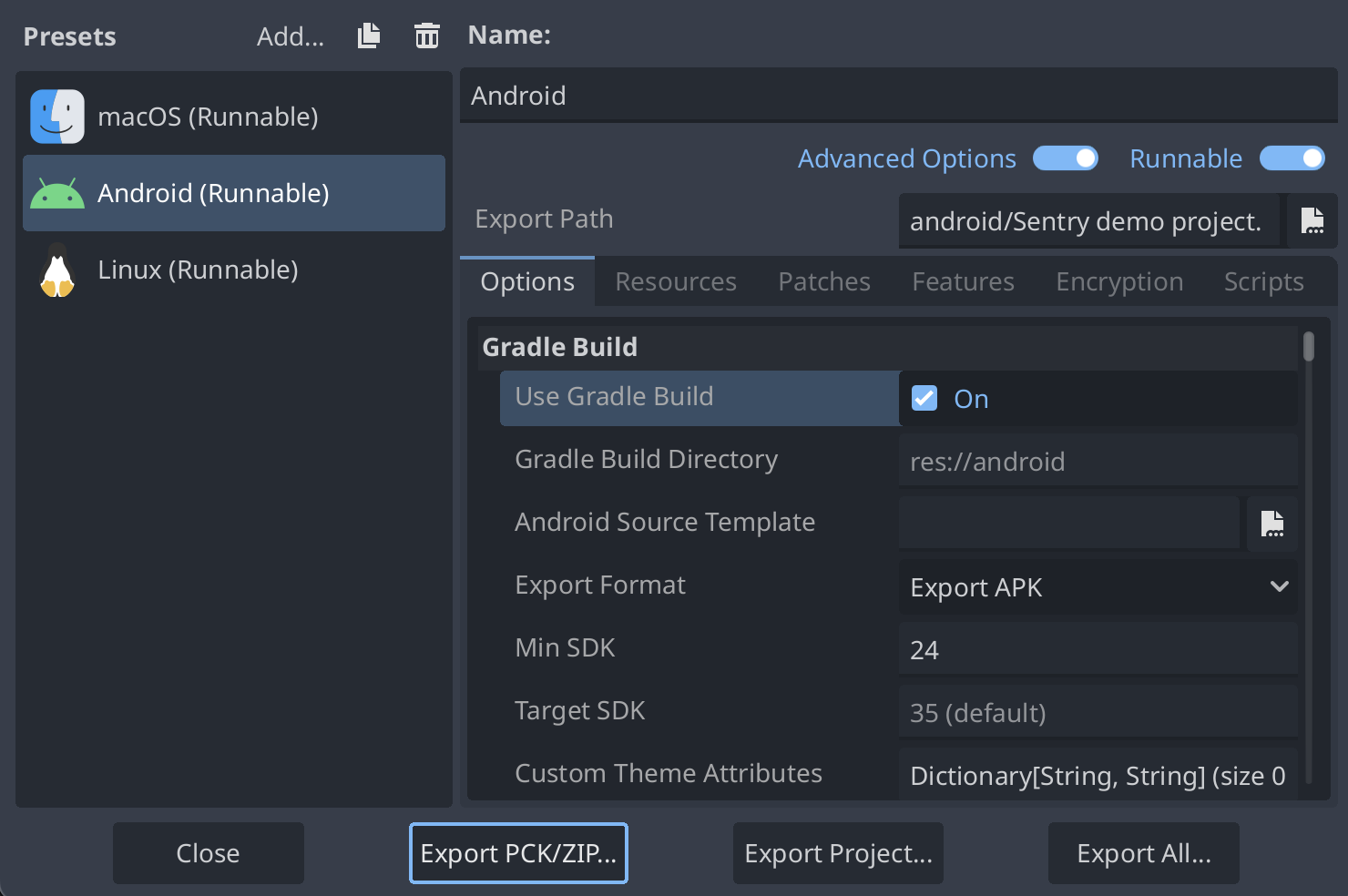 Exporting for Android | Sentry for Godot Engine